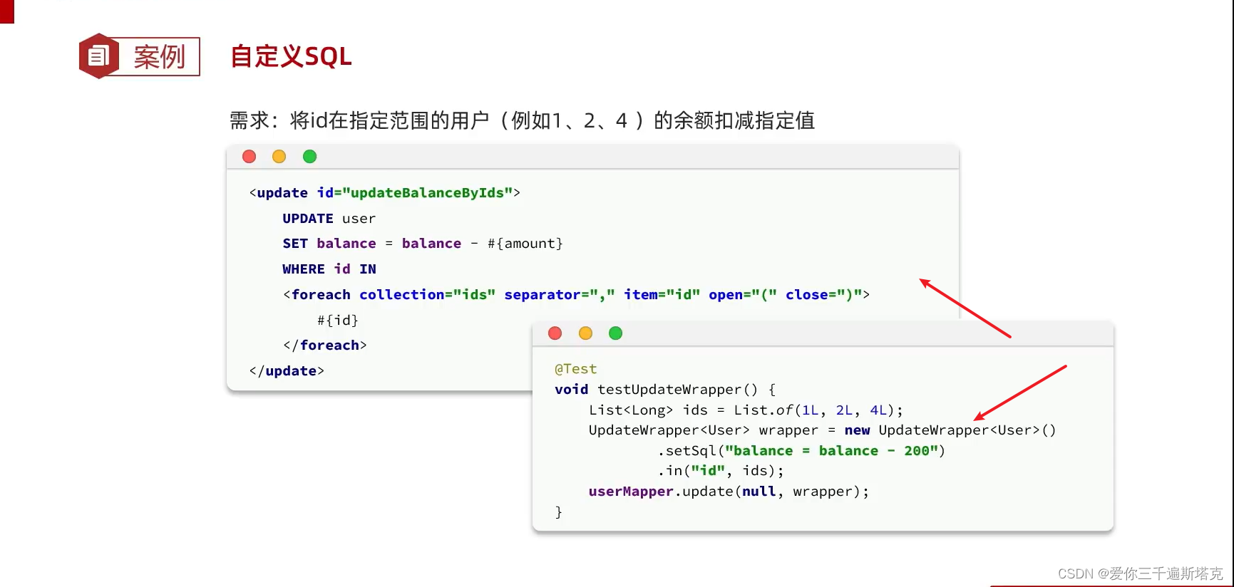 自定义sql，可以利用mybatisplus的wrapper来构建复杂的where条件，如何自定义sql呢？利用mybatisplus的